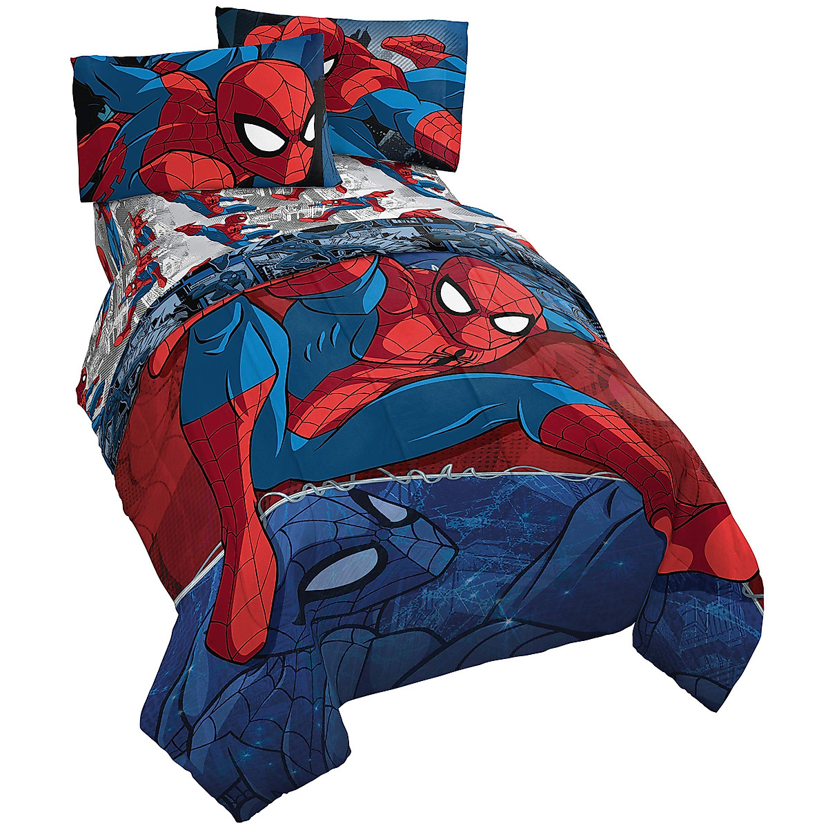 Jay Franco Marvel Spiderman Burst 4 Piece Twin Bed Set - Includes Reversible Comforter & Sheet Set - Bedding - Super Soft Fade Resistant Microfiber - (Official Marvel Product)