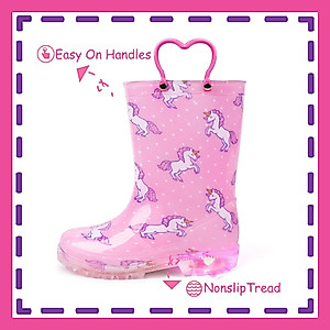 Outee Toddler Girls Rain Boots Little Kids Baby child Light Up Waterproof Rubber Shoes Unicorn Printed Mud Lightweight Adorable with Easy-On Handles Non Slip Sole Pink Size 2