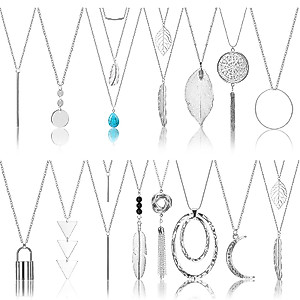 Hicarer 15 Pieces Long Pendant Necklace Set Silver Sweater Necklace Silver Plated Moon Tassel Lock Shape Sweater Punk Chain Choker Necklace for Women Men (Stylish Style)