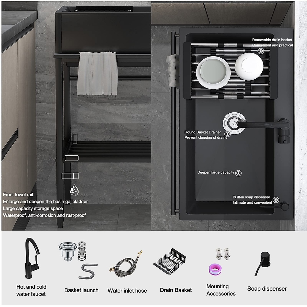 Vardeau Freestanding Stainless Steel Black Utility Sinks,Commercial Kitchen Washing Sink 1Compartment with Faucet,Heavy Duty Hand Washing Basin, 90x45x86cm