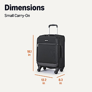 Amazon Basics Luggage, 18" Small Carry-On Softside Suitcase With Wheels, With Four 360-Degree Multi-directional Spinner Wheels, Expandable Space, Zippered Pocket and Straps, Telescopic Handle, Black