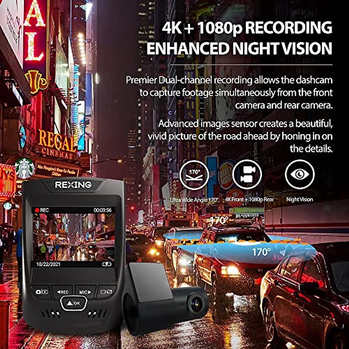 Rexing V1PGW-4K 2.4" LCD 2160p Front + 1080p Rear W/Built-in GPS, Wi-Fi 170° Wide Angle Dual Channel Dashboard Camera Recorder Car Dash Cam with Rear Cam,G-Sensor,WDR,Loop Recording,Mobile App (2022)