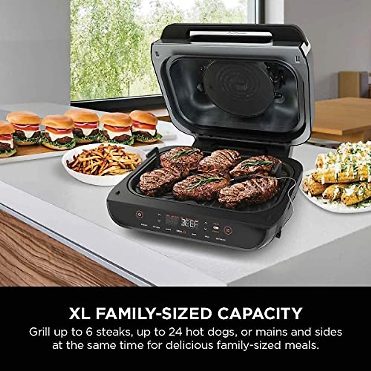 Ninja FG551 H Foodi Smart XL 6-in-1 Indoor Grill (NAVY BLUE COLOR) with 4-Quart Air Fryer Roast Bake Dehydrate Broil and Leave-In Thermometer, with Extra Large Capacity, and a Stainless Steel Finish (Renewed)