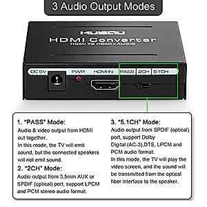 Musou 4K HDMI Audio Extractor,HDMI to HDMI + Optical Toslink(SPDIF) + RCA(L/R) Stereo Analog Outputs Video Audio Splitter Converter Support 4k 1080P,Black