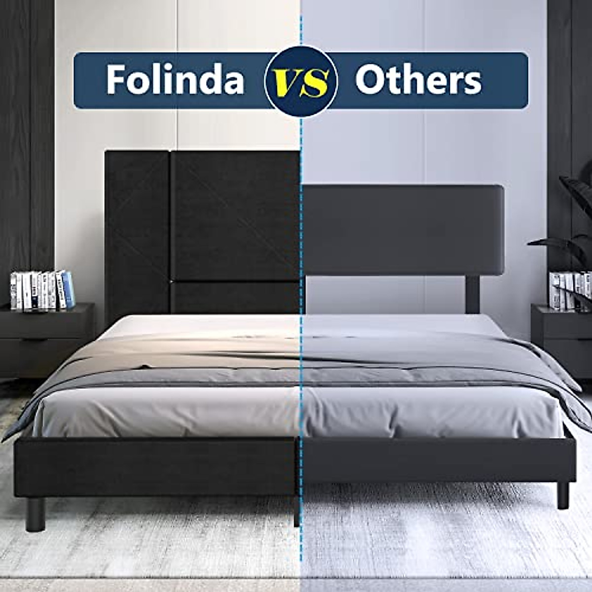 Flolinda King Size Bed Frame, Upholstered Bed Frame with Tall Tufted Velvet Headboard, Heavy Duty Metal Mattress Foundation with Wooden Slats, King Bed Frame No Box Spring Needed, Easy Assembly