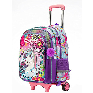 Egchescebo Kids Rolling School Backpack Bags for Girls With Wheels Trolley Roller Wheeled 5PCS With Lunch Box Cute Unicorn Pattern Rolling Backpacks Bags Girls Pink