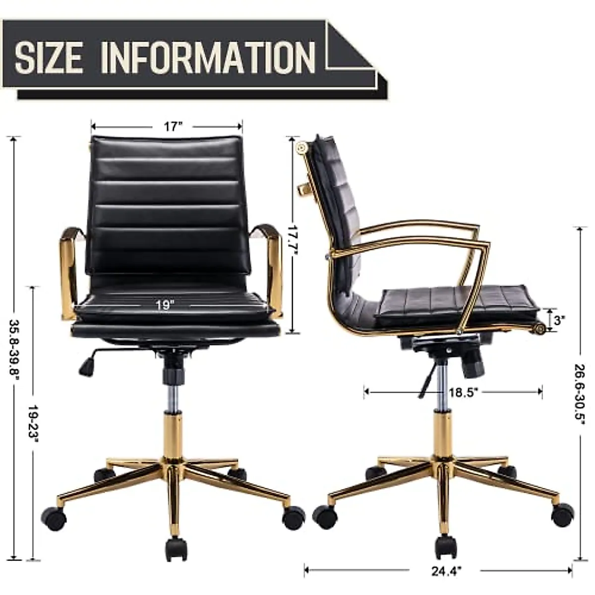 CIMOO Black Leather Office Chair Small Desk Chair Gold Executive Office Chair with Wheels Swivel Arm Chair Retro Task Chairs