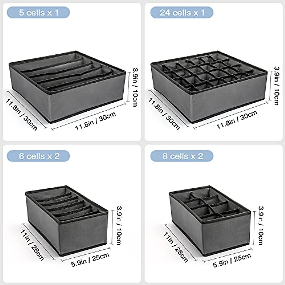 Puricon 6 Set Closet Organizer Underwear Drawer Storage, Dresser Drawer Organizers Box for Bras Socks Underwear Clothes Ties Belts Lingerie, Foldable Fabric -Grey