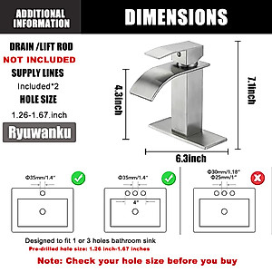 Ryuwanku Bathroom Faucet Brushed Nickel Modern Waterfall Bathroom Sink Faucet with Single Handle Suitable for 1 or 3 Holes,Supply Deck Plate and Hose