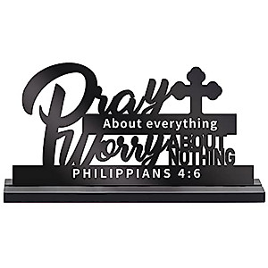Pray About Everything Worry About Nothing Sign, Religious Scripture Inspirational Word Plaque, Bible Verses Plaque Decor, Wooden Table Centerpieces Christmas Decorations for Home Living Room Office