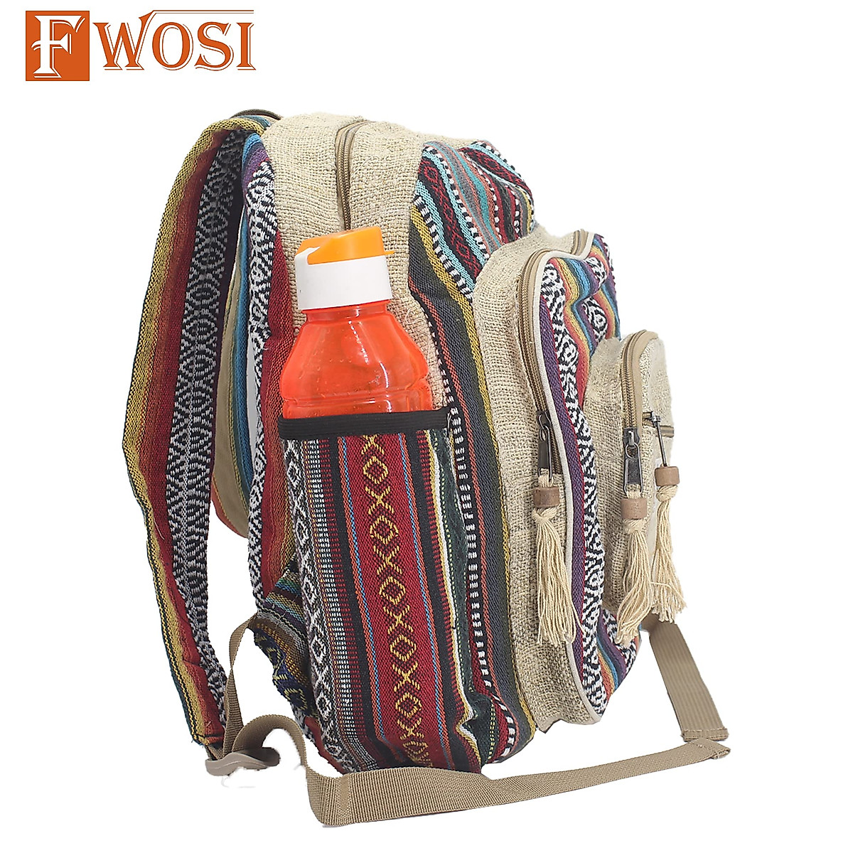 Fwosi Handmade Hippie Backpack - Pure Hemp Bookbag for School, Day Hiking & Travel - Lightweight, Multi-Pocket, 5 Compartments for Books, Purse, Wallet, Everyday Accessories - Crafts from Nepal