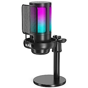 NJSJ USB Microphone for PC, Gaming Mic for PS4/ PS5/ Mac/Phone,Condenser Microphone with Touch Mute, RGB Lighting,Gain knob & Monitoring Jack for Streaming,Podcasting (with Desktop Stand, Black)