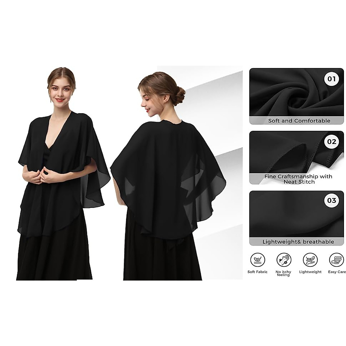 Womens Chiffon Shawls and Wraps, Wedding Party Shawl Scarf for Evening Dresses (Black)