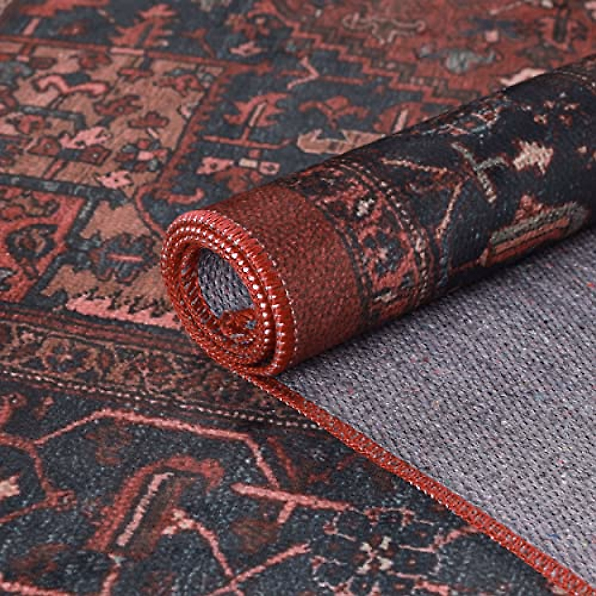 BNM Southwestern Medallion Border Area Rug with Cotton Backing, Washable, Perfect for Bedroom, Kitchen, Playrooms, Dining Room, and Entryway, Pet and Kid Friendly, Floor Covering, 5' x 7', Red