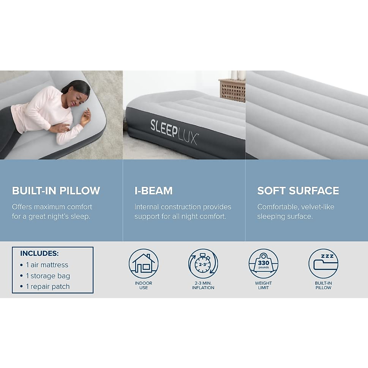 SLEEPLUX Durable Inflatable Air Mattress with Built-in Pump, Pillow and USB Charger, 15" Tall Twin