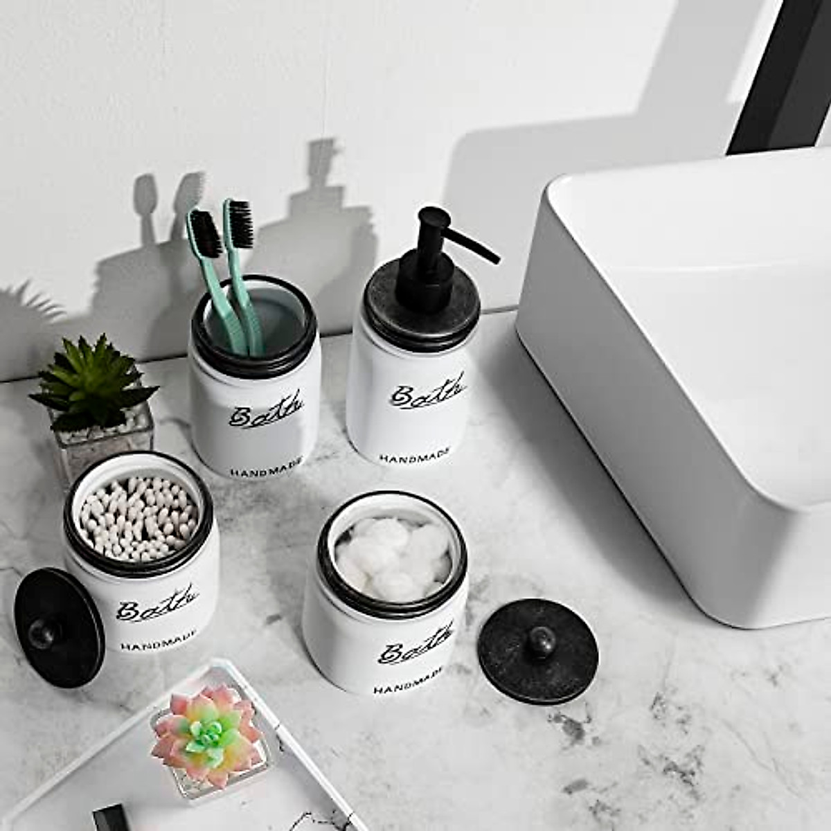 LKKL Mason Jar Bathroom Accessories - 5PCS Mason Jars Soap and Lotion Dispenser Set - Bathroom Sets 2 Apothecary Jars, 1 Toothbrush Holder, 1 Soap Dispenser, 1 Bathroom Tray (Black/White)
