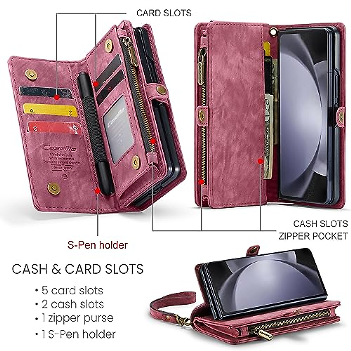 phone flip case Wallet Case Compatible with Samsung Galaxy Z Fold 5,2 in 1 Detachable Premium Leather Magnetic Zipper Pouch Wristlet Flip Phone Case,Matte Soft Leather+TPU Bottom Shell Case W Card Hol