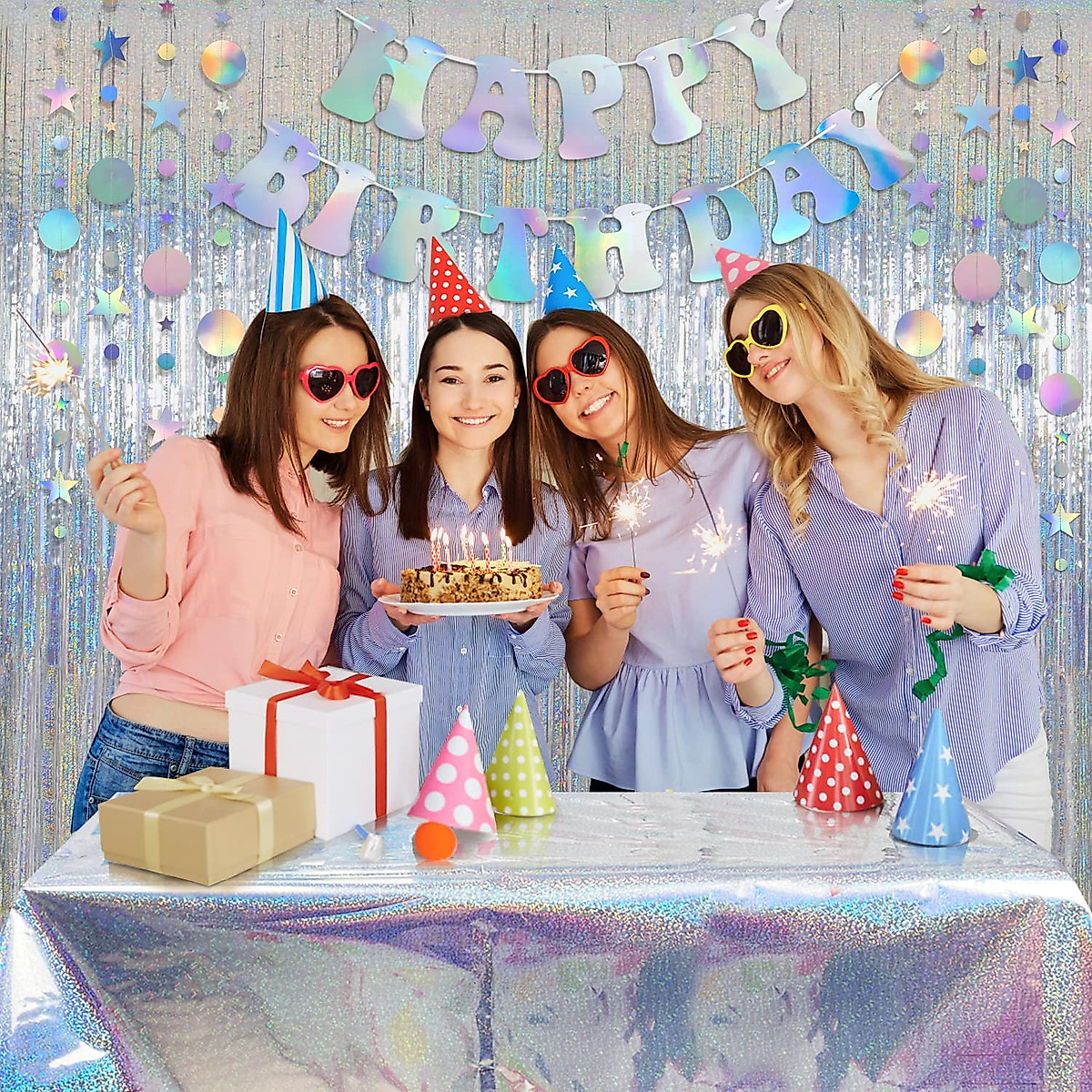 Iridescent Happy Birthday Party Decorations Happy Birthday Banner, Iridescent Circle Dot Garland Streamer, Fringe Curtain, Foil Tablecloth for Disco Bday 70s 60s Party Decoration