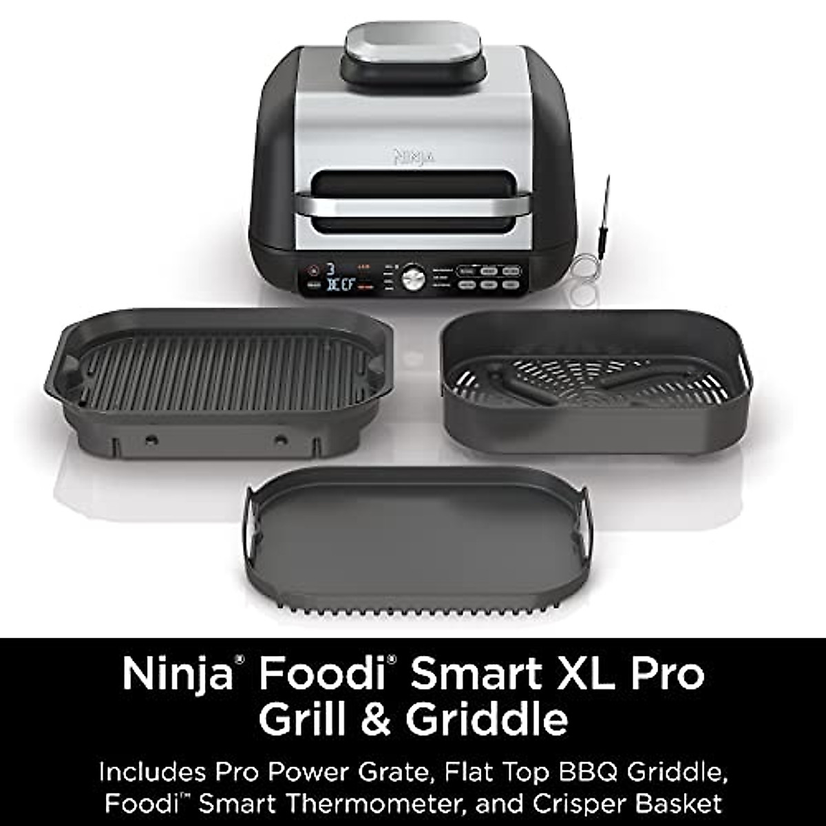 Ninja IG651 Foodi Smart XL Pro 7-in-1 Indoor Grill/Griddle Combo, use Opened or Closed, with Griddle, Air Fry, Dehydrate & More, Pro Power Grate, Flat Top Griddle, Crisper, Smart Thermometer, Black (Renewed)
