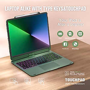 BABG Keyboard Case for iPad Air 13 inch, iPad Pro 12.9(6th/5th /4th/3rd Gen) Case with Keyboard,360° Rotatable,Mulit-Toupad,Backlits,Wireless,Pencil Charging-Green