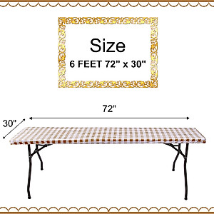 6ft Rectangle Elastic Fitted Tablecloth, Waterproof Spill-Proof Edged Vinyl Table Cover Khaki Checkered Printed with Flannel Baking, Easy to Wipe Off Stains, Great for Picnic Party Outdoor Patio