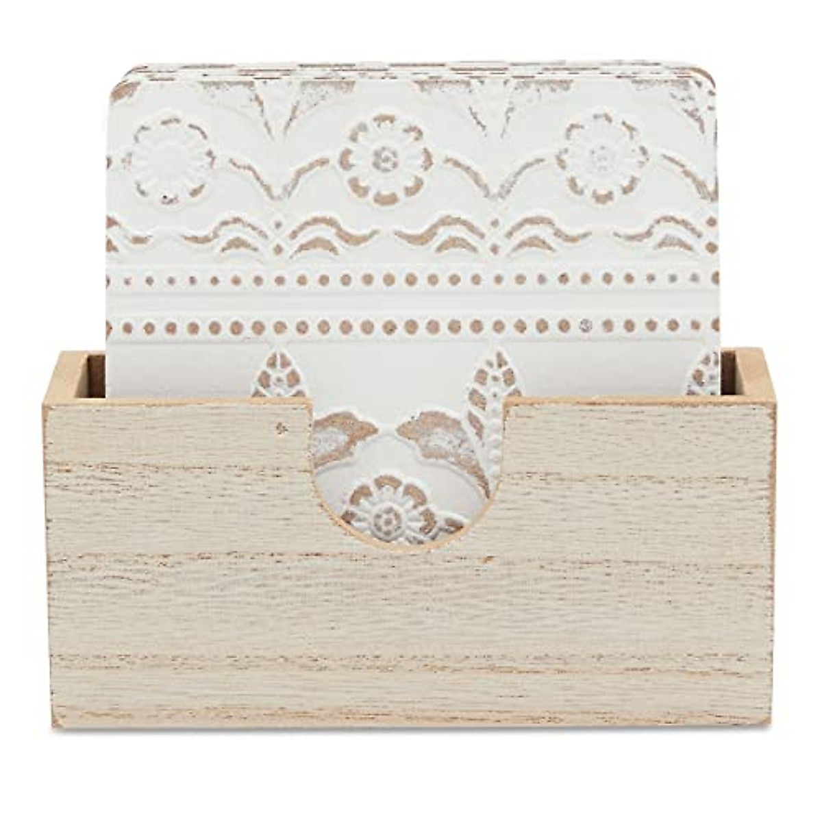 Set of 6 White Wooden Coasters with Holder for Drinks, Coffee Table, and Floral Farmhouse Decor (3.8 Inches)