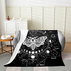 Erosebridal Gothic Moth Throw Blanket Throw 50x60,Boho Black White Sun and Moon Fleece Blanket for Kids Boys Girls,Halloween Sugar Skull Bed Blanket,Galaxy Starry Sky Fuzzy Blanket Living Room Decor