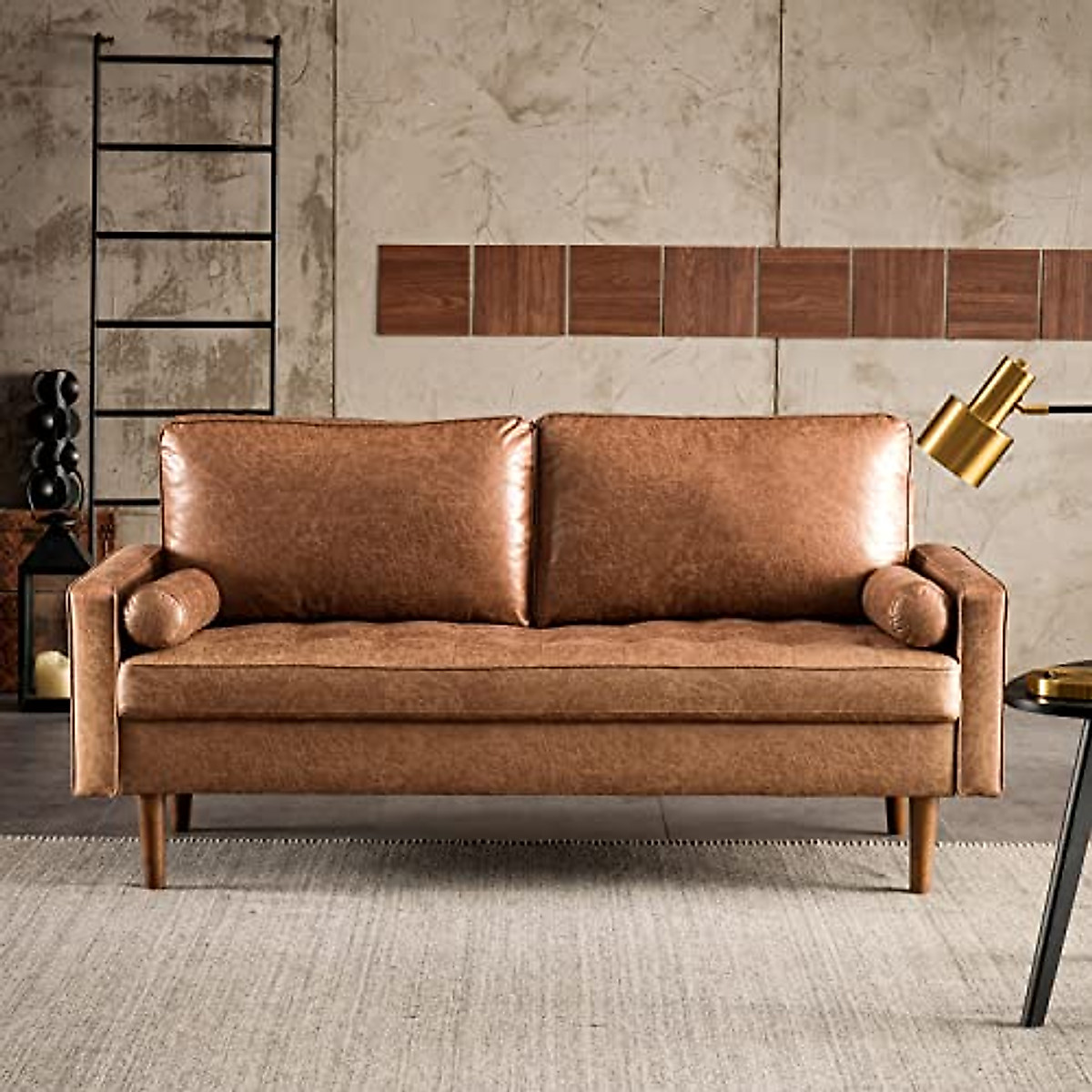 XIZZI Mid-Century Modern Living Room Loveseat Sofa Couch Fack Suede Fabric with Square Arm and Wood Grain Legs for Small Space, 69.68" W Brown