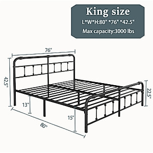 Yalemoll King-Size-Bed-Frame and-Headboard - 15 Inch High Metal Platform,No Box Spring Needed,Easy Assembly(Black)