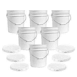 5 Gallon White Bucket & Lid - Set of 6 - Made in The USA - Durable 90 Mil All Purpose Pail - Food Grade - Contains No BPA Plastic (5 Gal. w/Lids - 6pk)