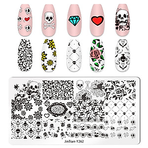 8 PCS Halloween Nail Art Stamping Plates Skull Ghost Bat Spider Witch Halloween Designs Nail Art Plates Templates Nail Stamping Plates 1 Stamper 1 Scraper Lace for DIY Printing Manicure Decoration