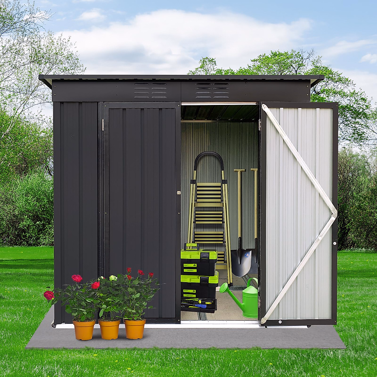 Zevemomo 6 x 4 ft Outdoor Storage Shed, All Weather Metal Shed with Metal Foundation & Lockable Door, Tool Shed Outdoor Storage for Garden, Patio, Backyard, Lawn, Black