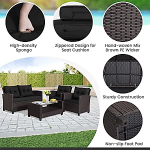 HAPPYGRILL 4 Pieces Patio Furniture Set Outdoor PE Rattan Conversation Set with 2-Tier Coffee Table, Extra Storage Shelf and Cushions, Patio PE Wicker Sofa Set for Garden Backyard Poolside