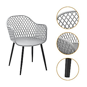 CangLong Modern Metal Legs Easily Assemble Mid Century Molded Plastic Shell Arm Hollow Out Chair for Living, Bedroom, Kitchen, Dining, Waiting Room, Set of 2,Grey