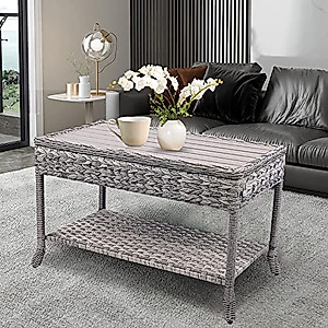 Koruiten Wicker Outdoor Coffee Table with Storage Shelf, All Weather Resin Rattan Patio Coffee Table with Wood Top for Outside Porch Backyard