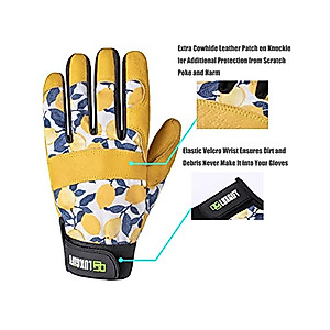 LUXGIFT Breathable Cowhide Leather Gardening Gloves for Yard Work, Outdoor, Construction, Motorcycle | Thorn Proof | Adjustable Wrist | Knuckles Protection | Lemon