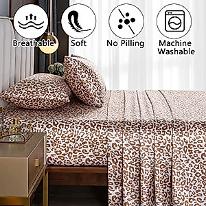 UDEAL California King Sheet Sets, 4 Pieces Silky Soft Satin Bed Sheets, Luxury California King Sheets Deep Pocket, Breathable & Fade Resistant, Beige Leopard