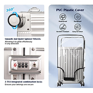 DOMINOX All Aluminum Carry On Luggage Hard Shell Luggage Aluminum Suitcase for Travel Zipperless Luggage Checked Luggage with Silent 360° Spinner Wheels 26 In. (Vertical Grain Style, Sliver)