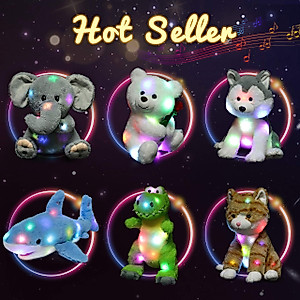 Hopearl LED Musical Stuffed Elephant Lighting Up Singing Plush Toy Adjustable Volume Lullaby Animated Soothe Birthday Festival for Kids Toddler Girls, Gray, 11''