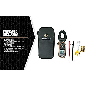 Southwire 21510N clamp meter; third-hand test probe holder; 400A AC current range; CAT III 600V safety rating; built-in non-contact voltage detector; 5 year warranty; Black Brown