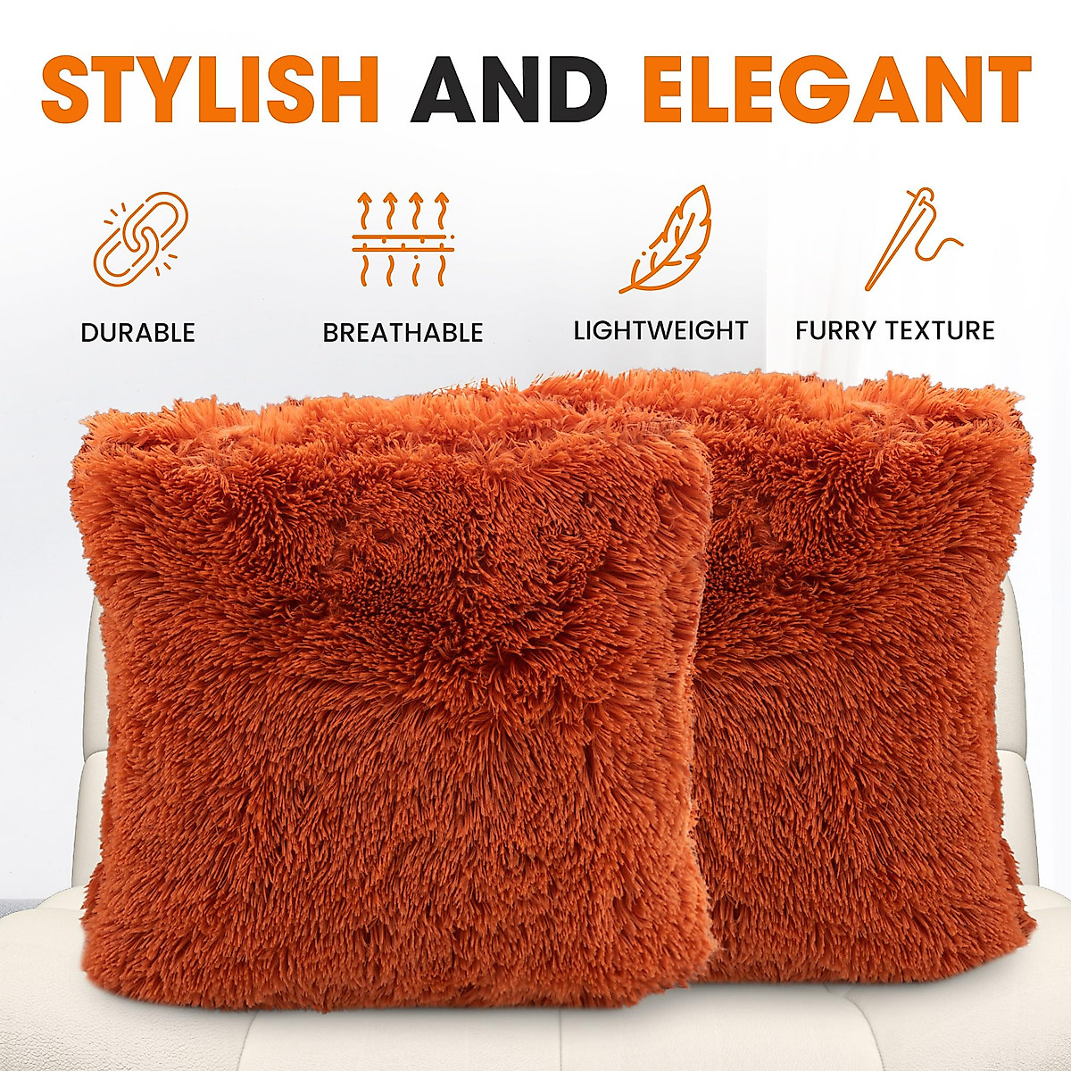 Cheer Collection Throw Pillows for Couch with Inserts Included - Soft Shaggy Long Hair Faux Fur Pillows - Set of 2-20" x 20" - Rust Orange