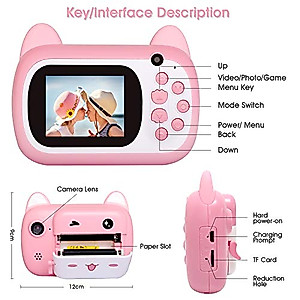 Instant Print Camera for Kids, Upgrade Selfie Kids Camera, Digital Zero Ink Video Camera with 3 Rolls Print Paper Camera, 1000 mAh, Dual Lens,1080P HD Video Recorder for Girls and Boys Gifts (Pink)