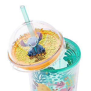 Silver Buffalo Disney Lilo and Stitch Aloha Tropical Leaves Pattern Dome Glitter Top Travel Tumbler, 24 Ounces