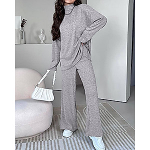 KIRUNDO Track Suits For Women Set Lounge Set Casual Long Sleeve Knitted Tops Long Pants Sweat Set Trendy Fall Clothes Casual Outfits(Grey, Small)