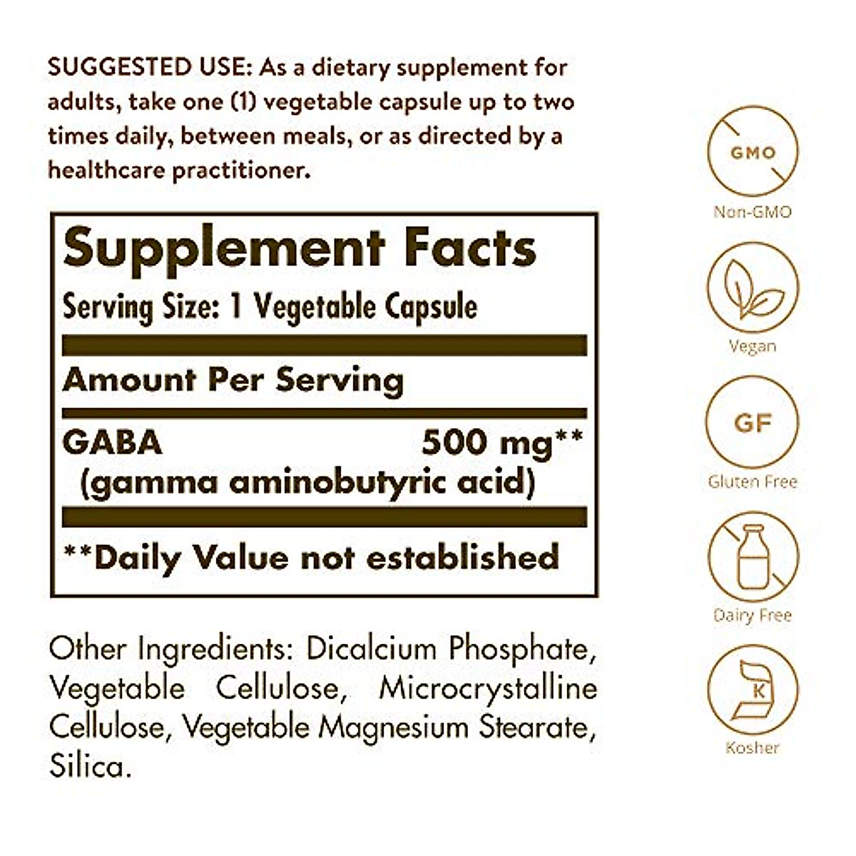Solgar GABA 500 mg, 100 Vegetable Capsules - Relaxation & Nervous System Support - Amino Acid - Non-GMO, Vegan, Gluten Free, Dairy Free, Kosher - 100 Servings