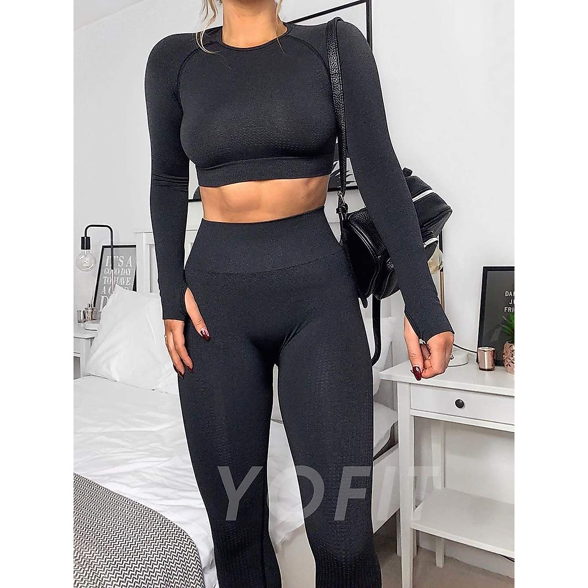 YOFIT Women 2 Piece Outfits Leggings+Long Sleeve Crop Tops Yoga Set Compression Skinny Tights Gym Fitness Pants Exercise Outfits