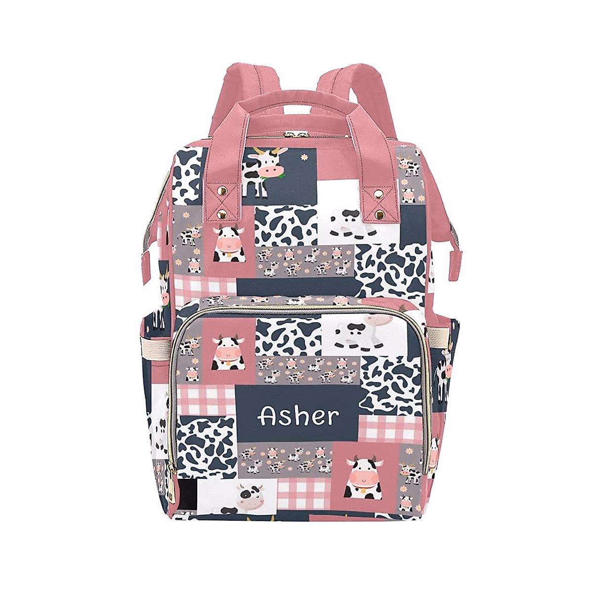 Yeshop Cute Cow Print Personalized Diaper Bag Backpack Tote with Name,Custom Travel Nappy Mommy for Baby Girl Boy Gift, 10.83 * 6.69* 15