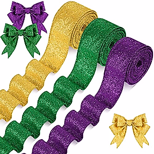 3 Roll 30 Yards Halloween Glitter Wired Ribbon Halloween Party Favors Decor Gift Wrapping Ribbon for Craft Headband Bow Decor (Gold, Purple, Green, 1.5 Inch)