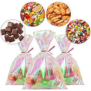 Sainyarh 120pcs Cellophane Treat Bags, Iridescent Holographic Cellophane Bags, 6x9 inch Iridescent Holographic Cellophane Goodie Bags, Iridescent Cellophane Party Favor Treat Bags Candy Cookie Bags