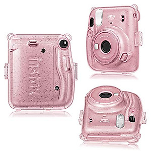 Fintie Protective Clear Case for Fujifilm Instax Mini 11 Instant Film Camera - Crystal Hard Shell Cover with Removable Rainbow Shoulder Strap, Glittering Pink